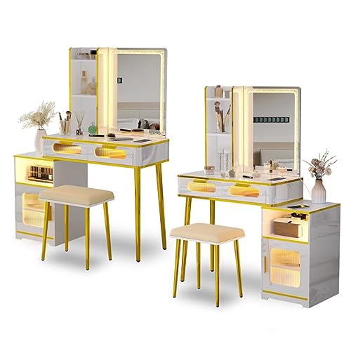 FOMNEY Vanity Set with Mirror ＆ Lights, Makeup Vanity Desk with Wireless Charging Station, Makeup Vanity Including Stools, Vanity Table ＆Dressing Table with Storage Drawers for Bedroom(White)