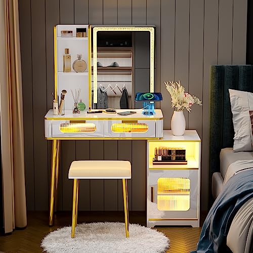 FOMNEY Vanity Set with Mirror ＆ Lights, Makeup Vanity Desk with Wireless Charging Station, Makeup Vanity Including Stools, Vanity Table ＆Dressing Table with Storage Drawers for Bedroom(White)