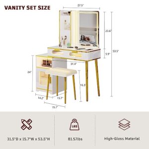 FOMNEY Vanity Set with Mirror ＆ Lights, Makeup Vanity Desk with Wireless Charging Station, Makeup Vanity Including Stools, Vanity Table ＆Dressing Table with Storage Drawers for Bedroom(White)