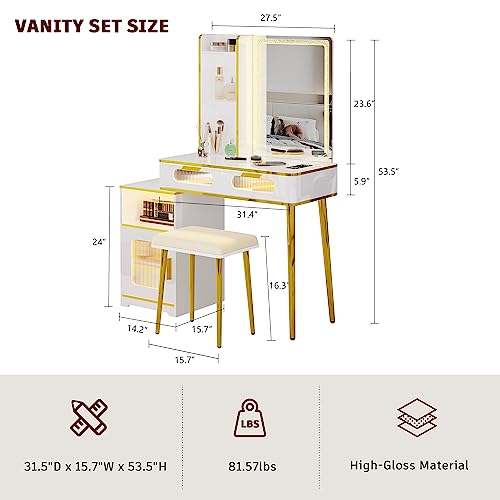 FOMNEY Vanity Set with Mirror ＆ Lights, Makeup Vanity Desk with Wireless Charging Station, Makeup Vanity Including Stools, Vanity Table ＆Dressing Table with Storage Drawers for Bedroom(White)