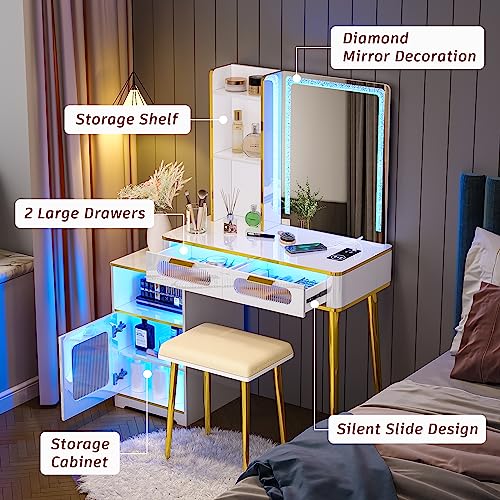 FOMNEY Vanity Set with Mirror ＆ Lights, Makeup Vanity Desk with Wireless Charging Station, Makeup Vanity Including Stools, Vanity Table ＆Dressing Table with Storage Drawers for Bedroom(White)