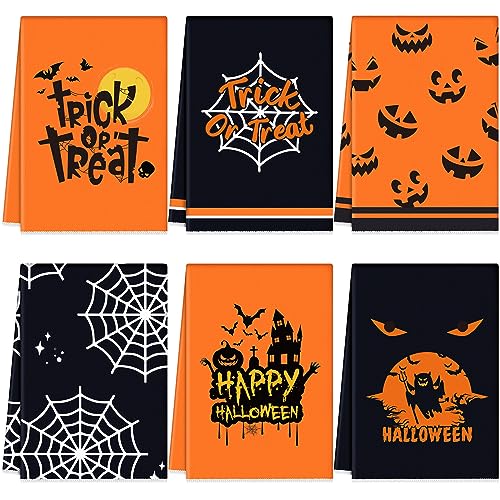 Oudain 6 Halloween Kitchen Towels and Dishcloths Set Pumpkin Castle Bat Happy Halloween Dish Towels Spooky Halloween Hand Towels Trick or Treat Absorbent Drying Tea Towel for Bathroom Cooking Baking