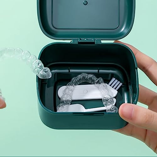 Double Layer Retainer Storage Case, Extra Large Retainer Case No Holes Denture Case Leaf Proof Mouth Guard Case with Strainer Basket Cleaning Denture Container Green