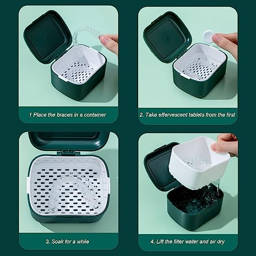 Double Layer Retainer Storage Case, Extra Large Retainer Case No Holes Denture Case Leaf Proof Mouth Guard Case with Strainer Basket Cleaning Denture Container Green