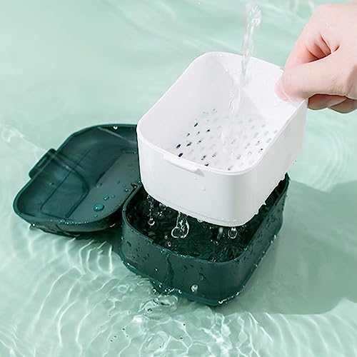 Double Layer Retainer Storage Case, Extra Large Retainer Case No Holes Denture Case Leaf Proof Mouth Guard Case with Strainer Basket Cleaning Denture Container Green