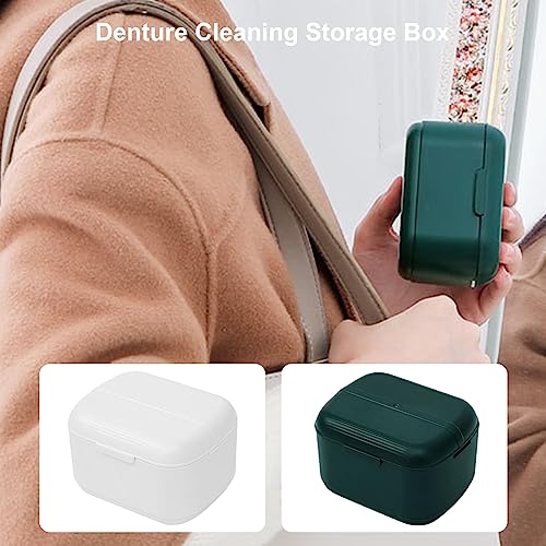 Double Layer Retainer Storage Case, Extra Large Retainer Case No Holes Denture Case Leaf Proof Mouth Guard Case with Strainer Basket Cleaning Denture Container Green