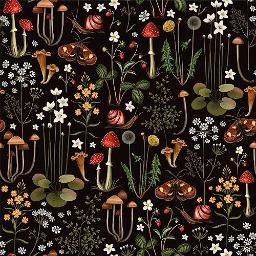 BEETAL Fairytale Forest Boho Mushroom Peel and Stick Wallpaper Dark Black Esay Peel Off Contact Paper Vintage Self Adhesive Removable Stick on Wall Paper for Kitchen Cabinet Furniture Renter Friendly