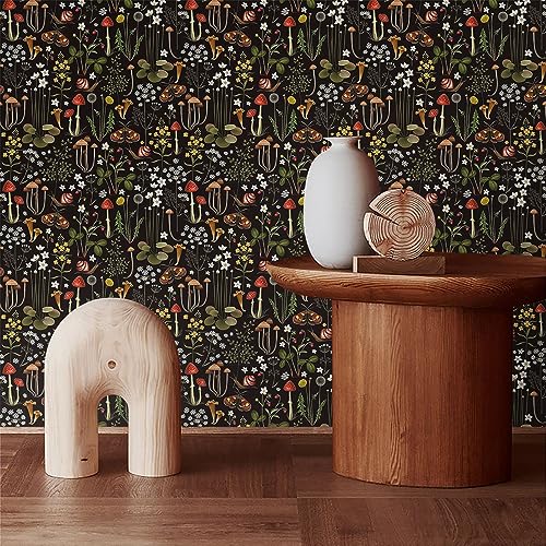 BEETAL Fairytale Forest Boho Mushroom Peel and Stick Wallpaper Dark Black Esay Peel Off Contact Paper Vintage Self Adhesive Removable Stick on Wall Paper for Kitchen Cabinet Furniture Renter Friendly