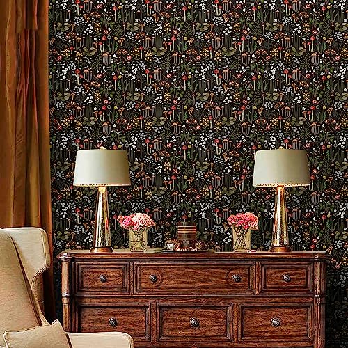 BEETAL Fairytale Forest Boho Mushroom Peel and Stick Wallpaper Dark Black Esay Peel Off Contact Paper Vintage Self Adhesive Removable Stick on Wall Paper for Kitchen Cabinet Furniture Renter Friendly