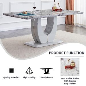 71in Modern Rectangle Dining Table for 8 or 6, Grey Imitation Marble Top Dining Room Table Kitchen Table w/White Bracket, Luxury Faux Marble Dining Table Dinner Table for Living Room Banquet Hall