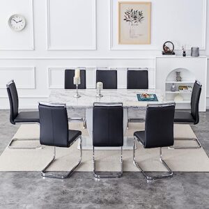 71in Modern Rectangle Dining Table for 8 or 6, Grey Imitation Marble Top Dining Room Table Kitchen Table w/White Bracket, Luxury Faux Marble Dining Table Dinner Table for Living Room Banquet Hall