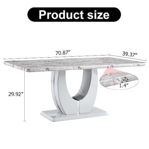 71in Modern Rectangle Dining Table for 8 or 6, Grey Imitation Marble Top Dining Room Table Kitchen Table w/White Bracket, Luxury Faux Marble Dining Table Dinner Table for Living Room Banquet Hall