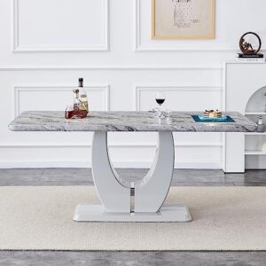 71in Modern Rectangle Dining Table for 8 or 6, Grey Imitation Marble Top Dining Room Table Kitchen Table w/White Bracket, Luxury Faux Marble Dining Table Dinner Table for Living Room Banquet Hall