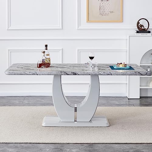 71in Modern Rectangle Dining Table for 8 or 6, Grey Imitation Marble Top Dining Room Table Kitchen Table w/White Bracket, Luxury Faux Marble Dining Table Dinner Table for Living Room Banquet Hall