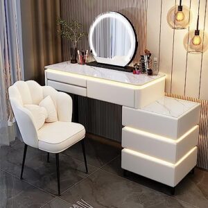 attega vanity desk set with adjustable led lighted mirror, modern white makeup vanity table with 6 drawers and cushioned stool, bedroom dressing table - 31.5 inch