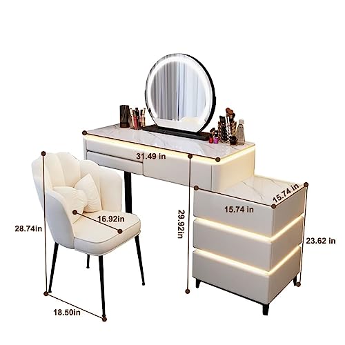 Attega Vanity Desk Set with Adjustable LED Lighted Mirror, Modern White Makeup Vanity Table with 6 Drawers and Cushioned Stool, Bedroom Dressing Table - 31.5 Inch