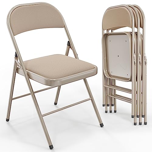 VINGLI Folding Chairs with Padded Seats, Metal Frame with Fabric Seat & Back, Capacity 350 lbs, Khaki, Set of 4