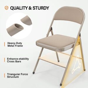 VINGLI Folding Chairs with Padded Seats, Metal Frame with Fabric Seat & Back, Capacity 350 lbs, Khaki, Set of 4