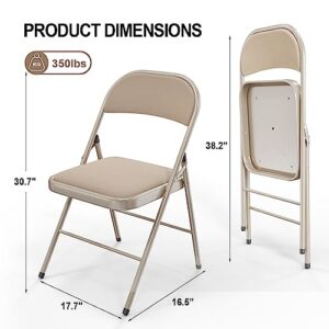 VINGLI Folding Chairs with Padded Seats, Metal Frame with Fabric Seat & Back, Capacity 350 lbs, Khaki, Set of 4