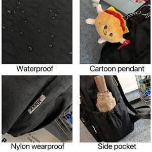 UIVXXUD Kawaii Backpack with Cute Accessories - Waterproof Nylon, Multiple Compartments, and External Pockets (Black)