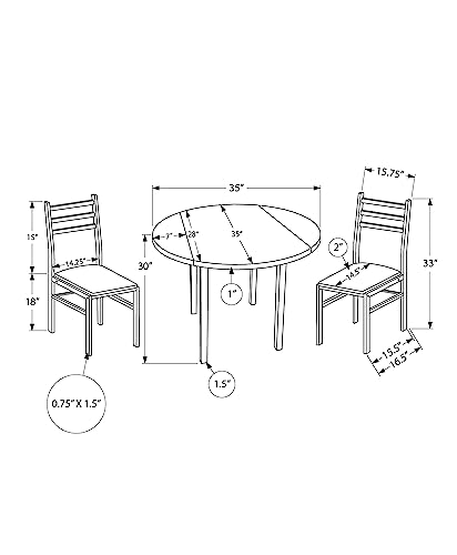 Monarch Specialties 1007 Table, 3pcs, Small, 35" Drop Leaf, Kitchen, Black Metal, Grey Laminate 3 Piece Dining Set, 35" L x 35" W x 30" H