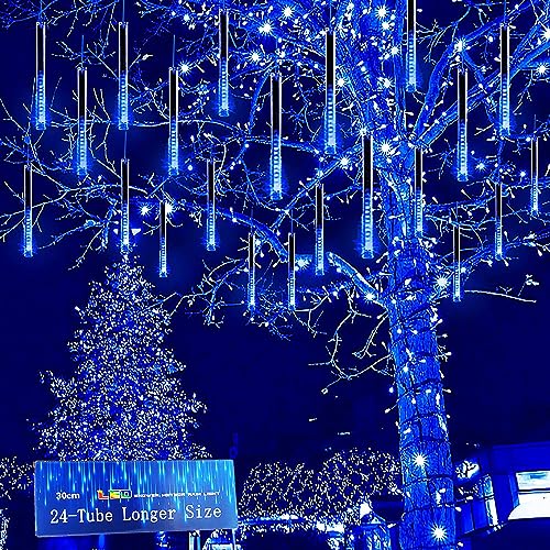 Kwaiffeo Outdoor Christmas Decorations, 24 Tubes(Equivalent to 3 Sets of 8-Tubes) LED Meteor Shower Lights for Xmas Tree Halloween Decoration Yard Lawn Outside Party, UL Plug, Blue Christmas Lights