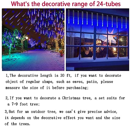 Kwaiffeo Outdoor Christmas Decorations, 24 Tubes(Equivalent to 3 Sets of 8-Tubes) LED Meteor Shower Lights for Xmas Tree Halloween Decoration Yard Lawn Outside Party, UL Plug, Blue Christmas Lights