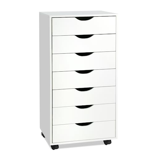 TUSY White 7-Drawer Dresser, Tall Chest of Drawers with Caster Wheels, Storage Cabinet for Bedroom, Living Room