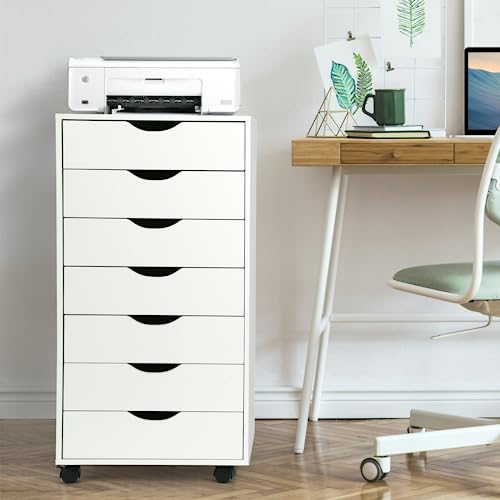 TUSY White 7-Drawer Dresser, Tall Chest of Drawers with Caster Wheels, Storage Cabinet for Bedroom, Living Room