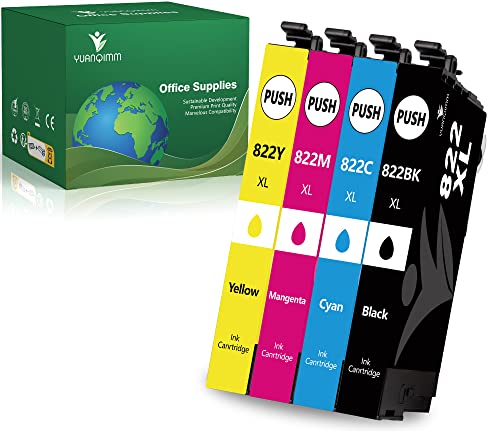 YUANQIMM 822XL Ink Cartridges Remanufactured Replacement for Epson 822 Ink Cartridges Combo Pack 822XL T822 XL for Epson Workforce Pro WF-4820 Ink Cartridges WF-3820 WF-4830 WF-4833 WF-4834 (4-Pack)