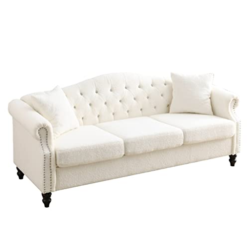 JFGJL 79" Sofa White for Living Room, 3 Seater Sofa Tufted Couch with Rolled Arms and Nailhead Two Pillows