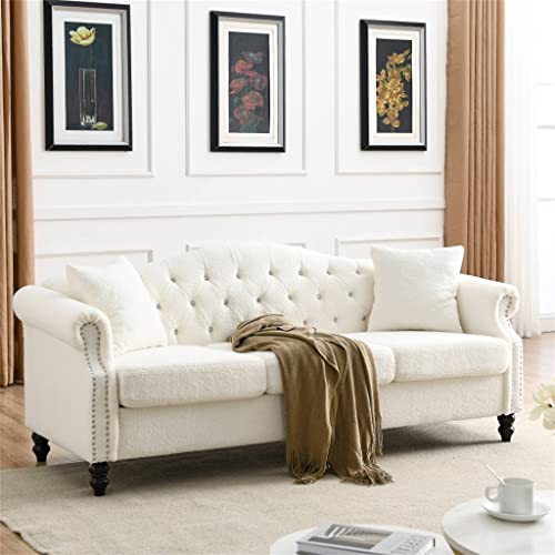 JFGJL 79" Sofa White for Living Room, 3 Seater Sofa Tufted Couch with Rolled Arms and Nailhead Two Pillows