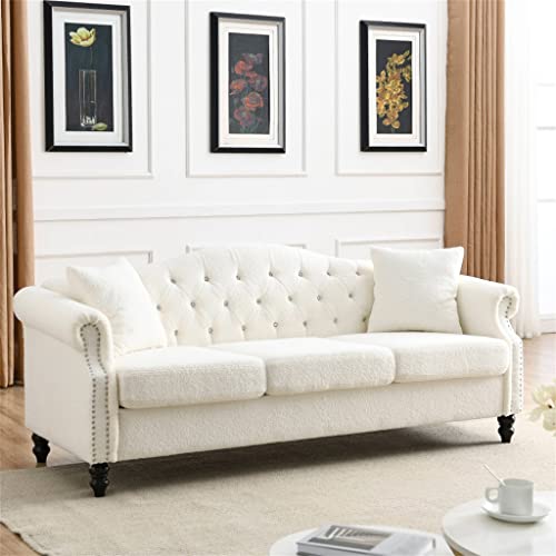 JFGJL 79" Sofa White for Living Room, 3 Seater Sofa Tufted Couch with Rolled Arms and Nailhead Two Pillows