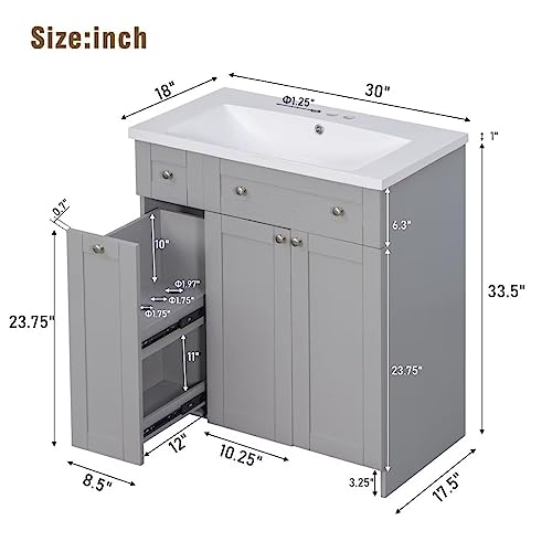 Ayvbir 30 inch Bathroom Vanity with Single Sink in Grey,Combo Cabinet Undermount Sink,Bathroom Storage Cabinet with Solid Wood Frame