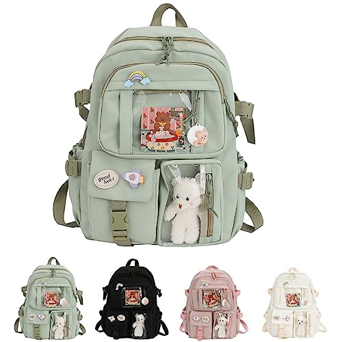 LELEBEAR Kawaii Backpack with Kawaii Pin And Accessories, Cute Preppy Aesthetic Sage Green Backpack for Girls (Sage Green)