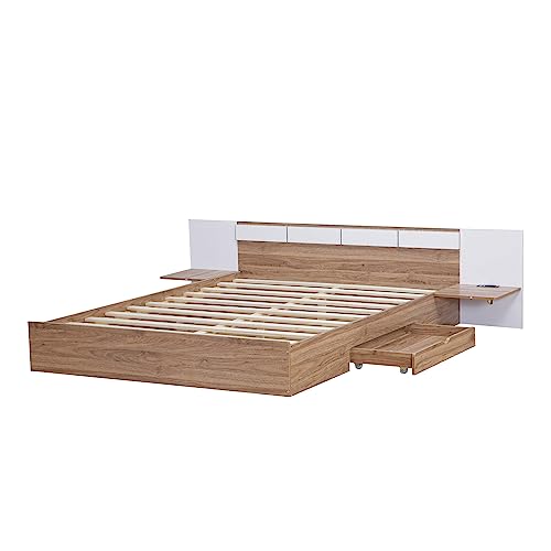 Livavege Queen Bed Frame Platform Bed with Headboard and Strong Wooden Slats, Drawers & Shelves, USB Ports and Sockets, Non-Slip and Noise-Free, No Box Spring Needed, Easy Assembly