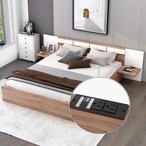 Livavege Queen Bed Frame Platform Bed with Headboard and Strong Wooden Slats, Drawers & Shelves, USB Ports and Sockets, Non-Slip and Noise-Free, No Box Spring Needed, Easy Assembly