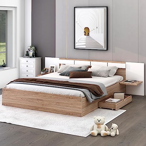 Livavege Queen Bed Frame Platform Bed with Headboard and Strong Wooden Slats, Drawers & Shelves, USB Ports and Sockets, Non-Slip and Noise-Free, No Box Spring Needed, Easy Assembly