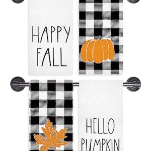 GAGEC Fall Kitchen Towels Buffalo Plaid Pumpkin Maple Leaf Fall Dish Towels Set of 4, Autumn Holiday Tea Towel 18 x 26 Inch Hand Drying Cloth Towel for Kitchen Home Decoration