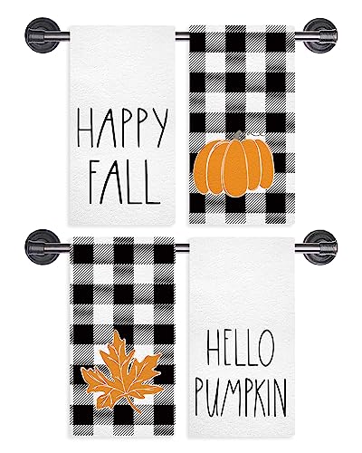 GAGEC Fall Kitchen Towels Buffalo Plaid Pumpkin Maple Leaf Fall Dish Towels Set of 4, Autumn Holiday Tea Towel 18 x 26 Inch Hand Drying Cloth Towel for Kitchen Home Decoration