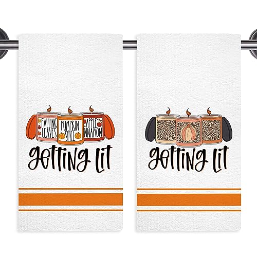 GAGEC Fall Kitchen Towels Getting Lit Funny Fall Dish Towels Set of 2, Autumn Holiday Tea Towel 18 x 26 Inch Hand Drying Cloth Towel for Kitchen Home Decoration