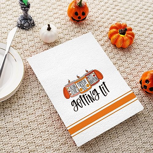 GAGEC Fall Kitchen Towels Getting Lit Funny Fall Dish Towels Set of 2, Autumn Holiday Tea Towel 18 x 26 Inch Hand Drying Cloth Towel for Kitchen Home Decoration