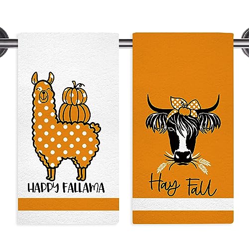 GAGEC Fall Kitchen Towels Funny Fallama Cow Fall Dish Towels Set of 2, Autumn Holiday Tea Towel 18 x 26 Inch Hand Drying Cloth Towel for Kitchen Home Decoration