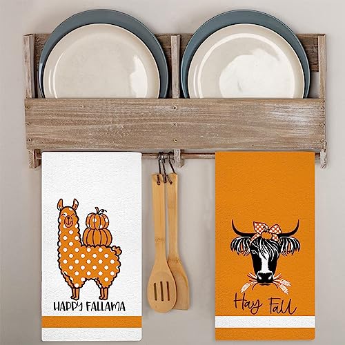 GAGEC Fall Kitchen Towels Funny Fallama Cow Fall Dish Towels Set of 2, Autumn Holiday Tea Towel 18 x 26 Inch Hand Drying Cloth Towel for Kitchen Home Decoration