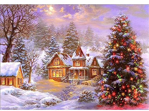 Stamped Cross Stitch Kits for Adults Beginners Snowy Christmas Tree Night Pattern 11CT Pre-Printed Fabric Embroidery Arts and Crafts Kit Needlepoint Starter DIY Wall Decor, 12 x 16 inch