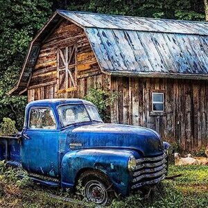 Stamped Cross Stitch Kits for Adults Beginners Farmhouse Blue Car Truck Pattern 11CT Pre-Printed Fabric Embroidery Arts and Crafts Kit Needlepoint Starter DIY Wall Decor, 24 x 32 inch