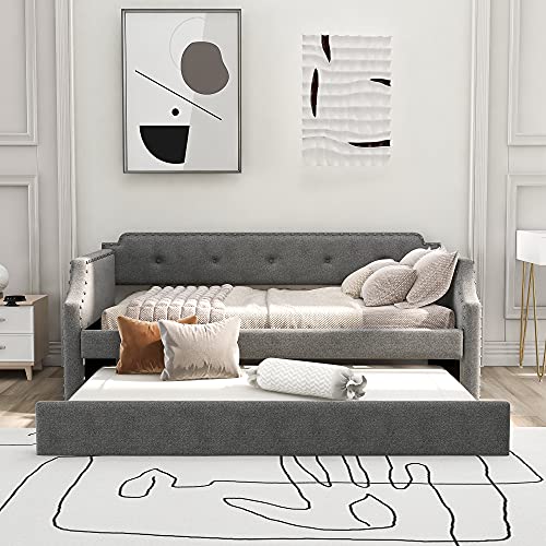 LCH Upholstered Twin Size Daybed with Trundle, Modern Sofa Bed w/Wood Slats Support, Perfect for Livingroom, Bedroom, No Box Spring Required, Grey