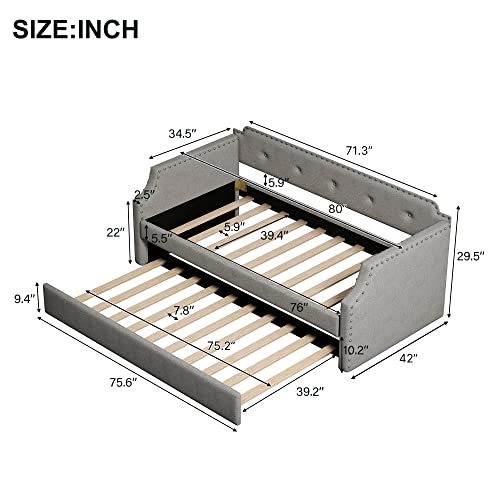 LCH Upholstered Twin Size Daybed with Trundle, Modern Sofa Bed w/Wood Slats Support, Perfect for Livingroom, Bedroom, No Box Spring Required, Grey