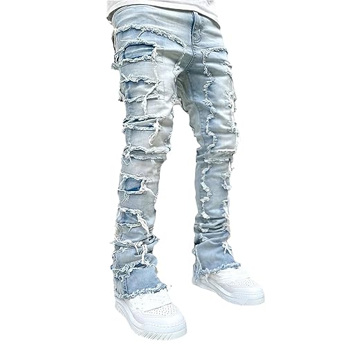 Giraropa Mens Black Stacked Jeans Slim Fit Skinny Ripped Jeans Destroyed Straight Denim Pants Harajuku Hip Hop Trousers Streetwear (Light Blue, S)