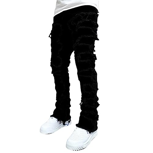 Giraropa Mens Black Stacked Jeans Slim Fit Skinny Ripped Jeans Destroyed Straight Denim Pants Harajuku Hip Hop Trousers Streetwear (Black, L)